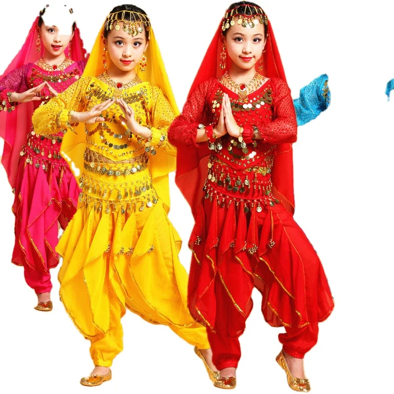 Long Sleeve Kid Girls Belly Dancing Costume Set Kids Performance Indian ...