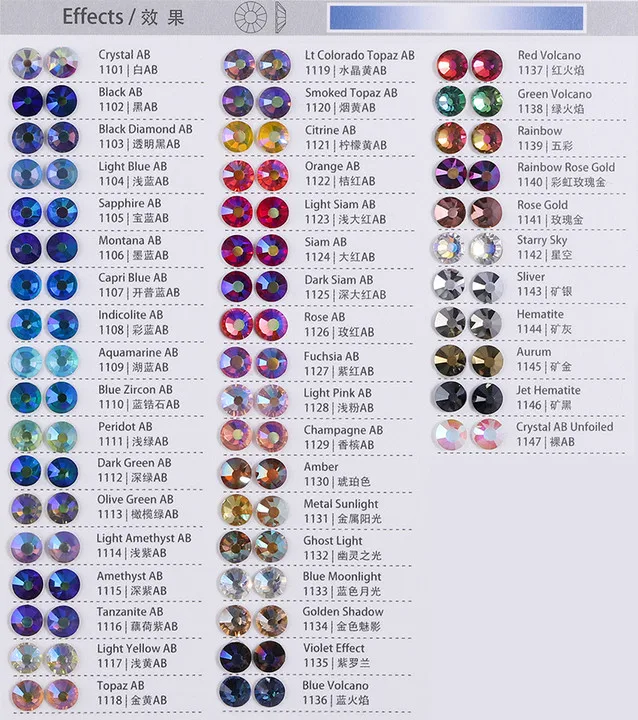 Color Chart Non Hotfix Flat Back Rhinestones Over 100 Colors Crystal ...