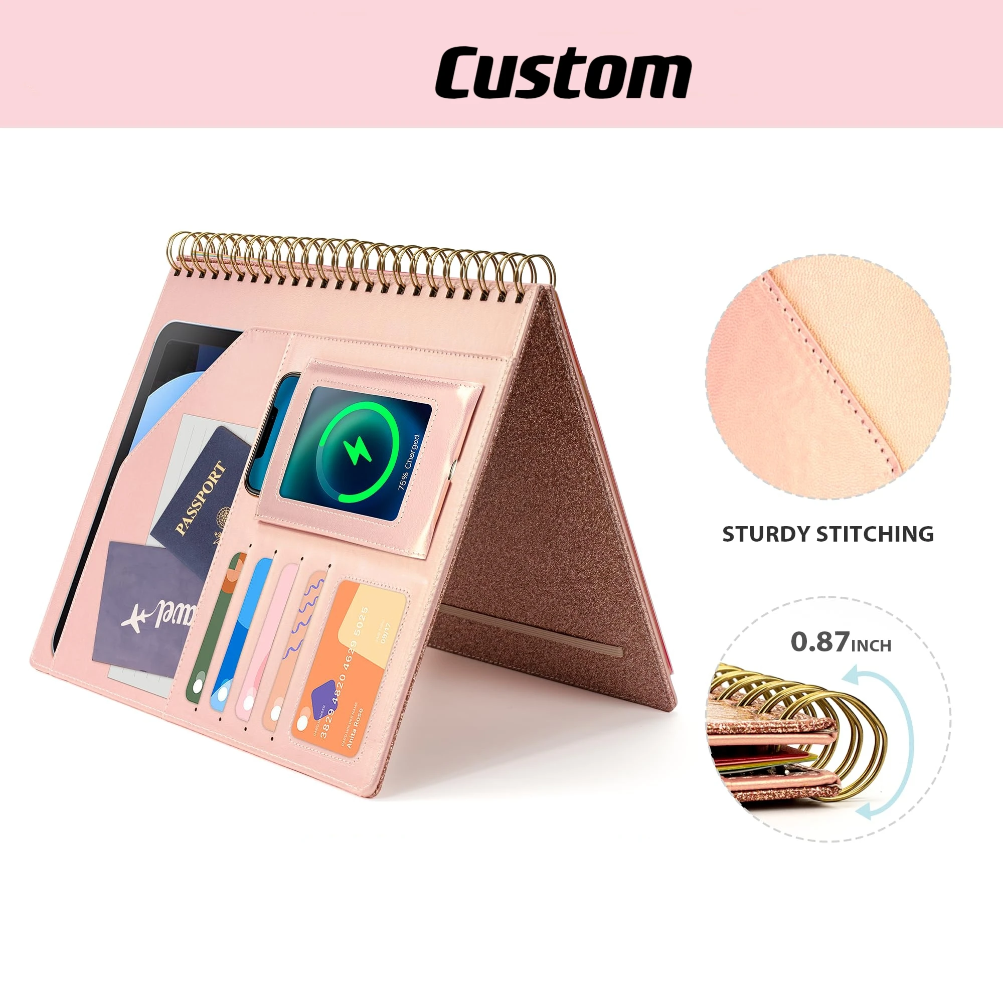 Pink Custom Colors and Text Gold Spiral Bound Leather Padfolio ...