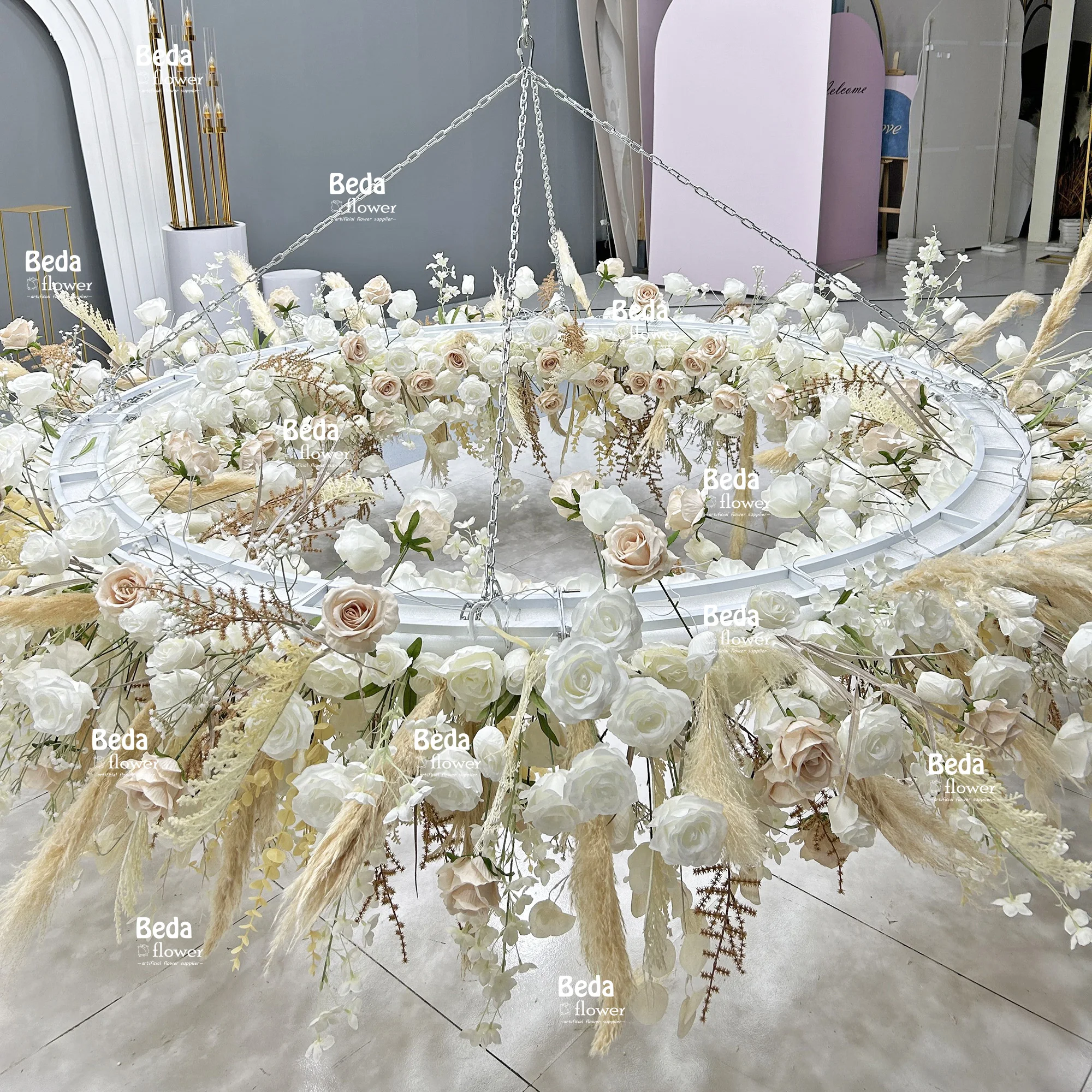 Beda Artificial White Champagne Rose Ceiling Hanging Metal Round Hoop ...