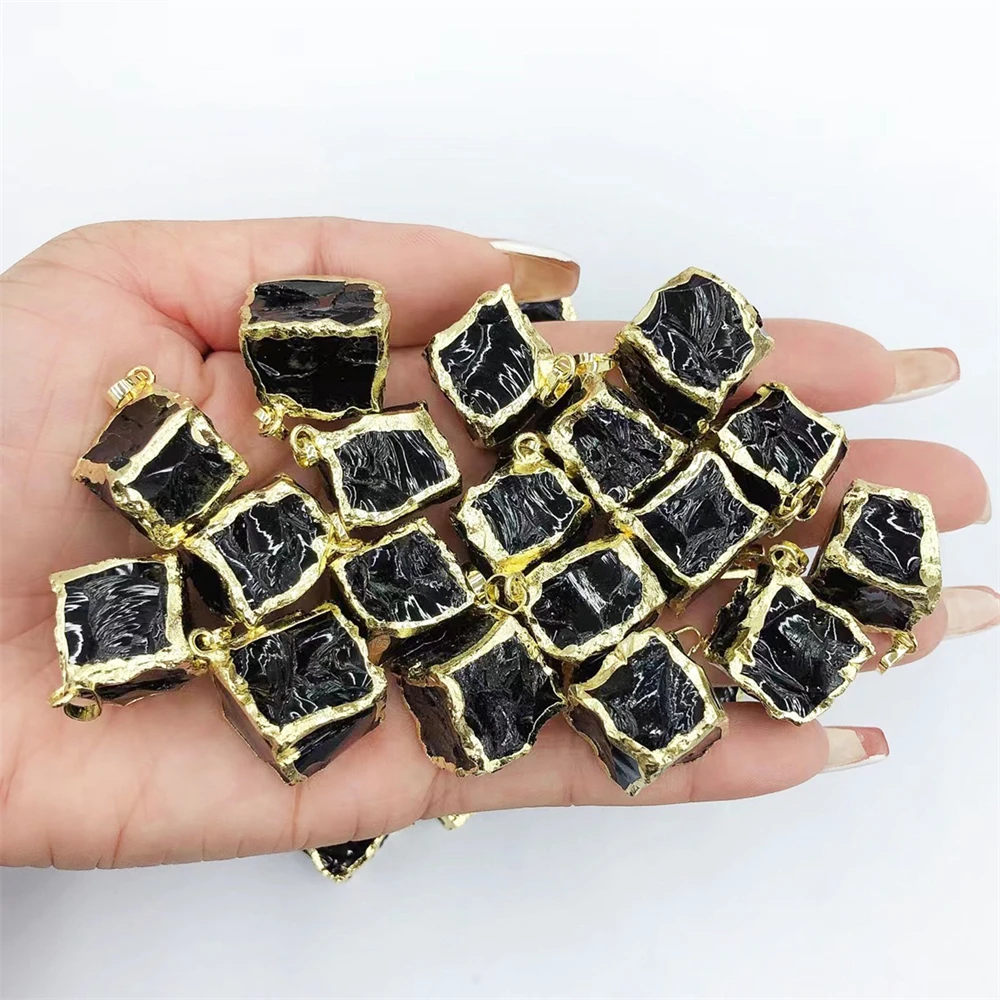 Handmade Carving Square DIY Natural Stone Gold Edge Pendants ...