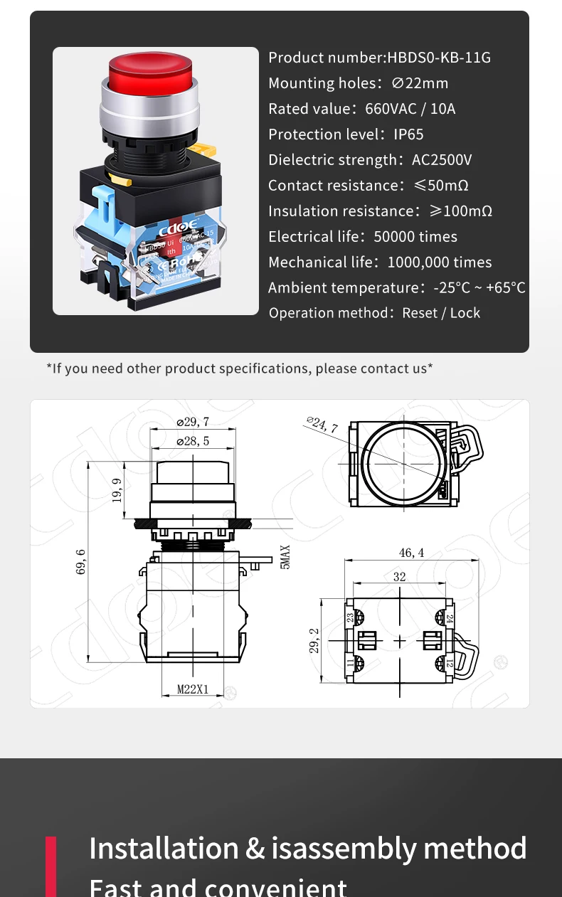 LA38 Series Waterproof IP65 Push Button Switch 22mm