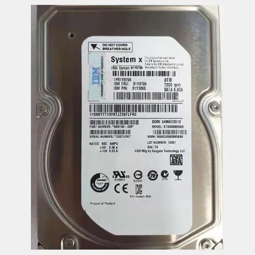 Original New For Ibm 81y9798 81y9799 3t Sata 7.2k 3.5 X3650m4 Hard Disk ...