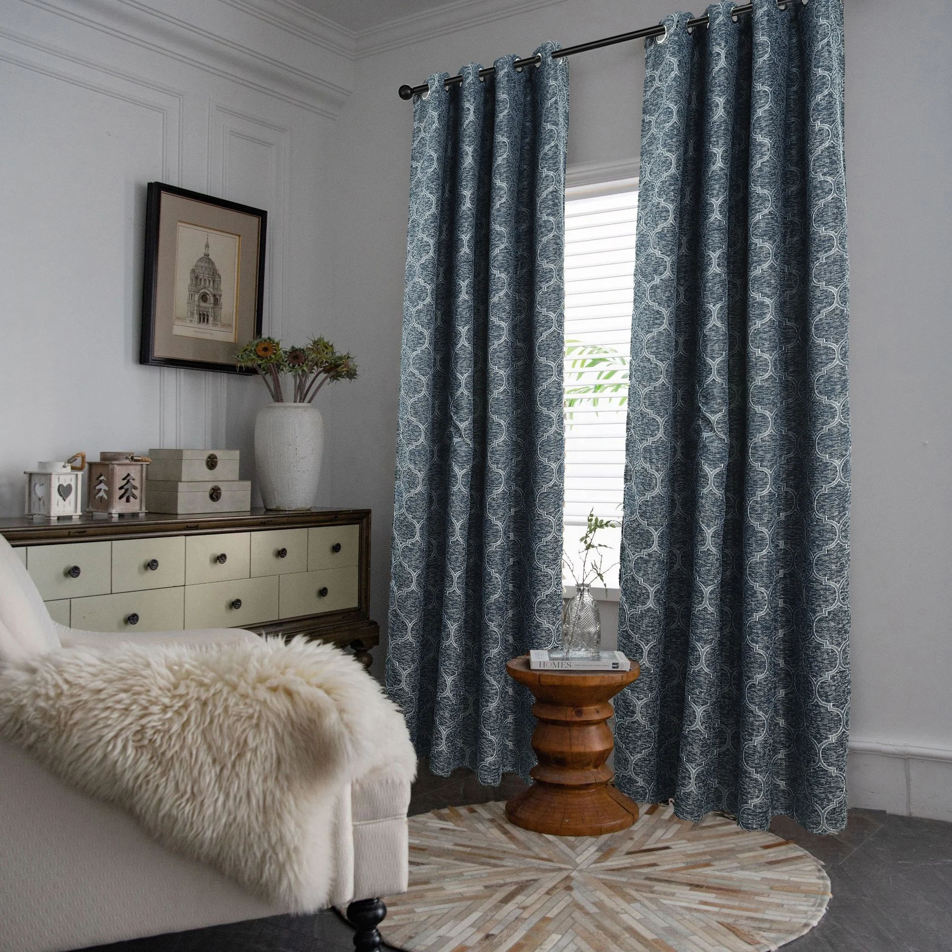 Bindi Luxury Blue Floral Jacquard Curtain Fabric Custom Manufacturer ...
