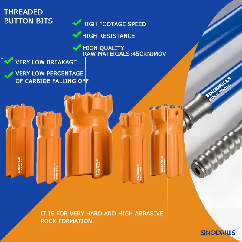 SINODRILLS Rock Drill Tools R32 T38 76mm Thread Drill Button Bit ...