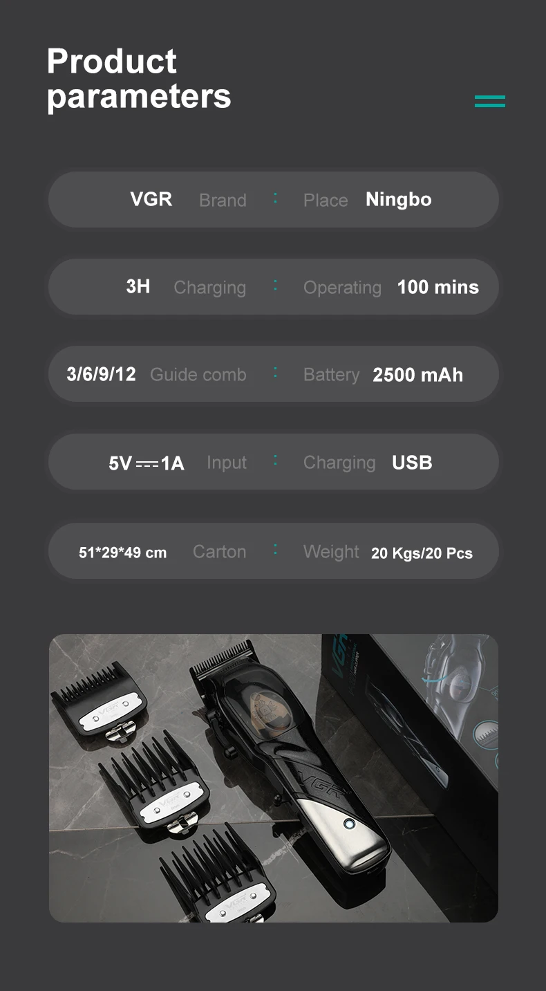 VGR V-002 Hair Clipper - 9000RPM Magnetic Motor Salon Quality