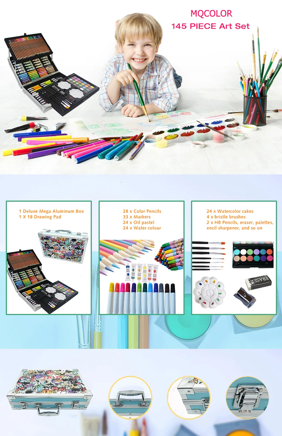 Portable 145-Piece Aluminum Case Art Kit 2-Layer Drawing Supplies for ...