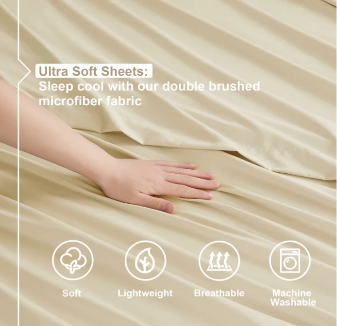 Hotel Luxury Beige Cream Sheets, Extra Soft Double Brushed Queen Size ...