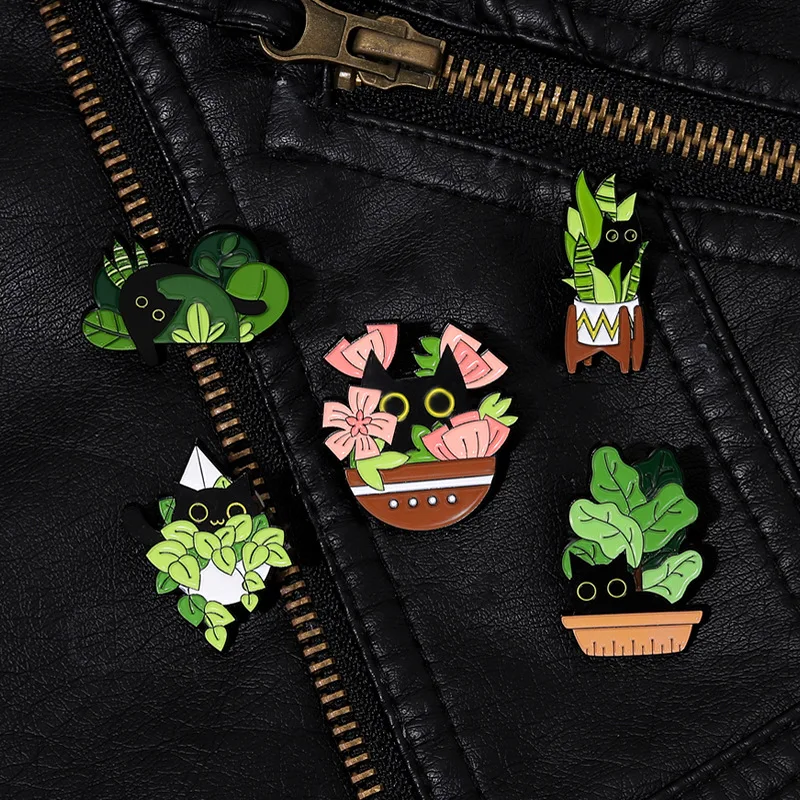 Cartoon Potted Plant Adorkable Black Cat Series Brooch Soft Enamel Lapel Pin - Buy Potted Plant ...