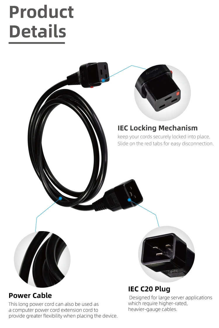 Copper Core 12awg Iec C20 To 14 Awg 2 X C13 Power Cable For Power Distribution Unit Extension ...