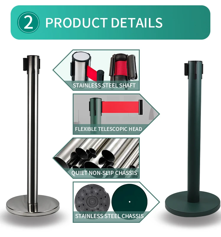 Black Color Post with 2m Belt Retractable Traffic Belt Queue Line Stand ...