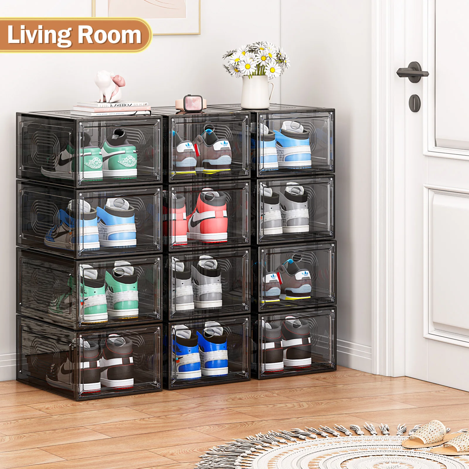 Walue Modern Stackable Plastic Storage Basket Bin 4-pack Shelf Box For ...