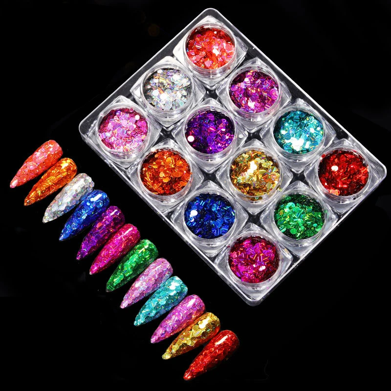 DIY Nail Decoration Holographic Flakes Stickers 3D Glitter Sequins Nail ...