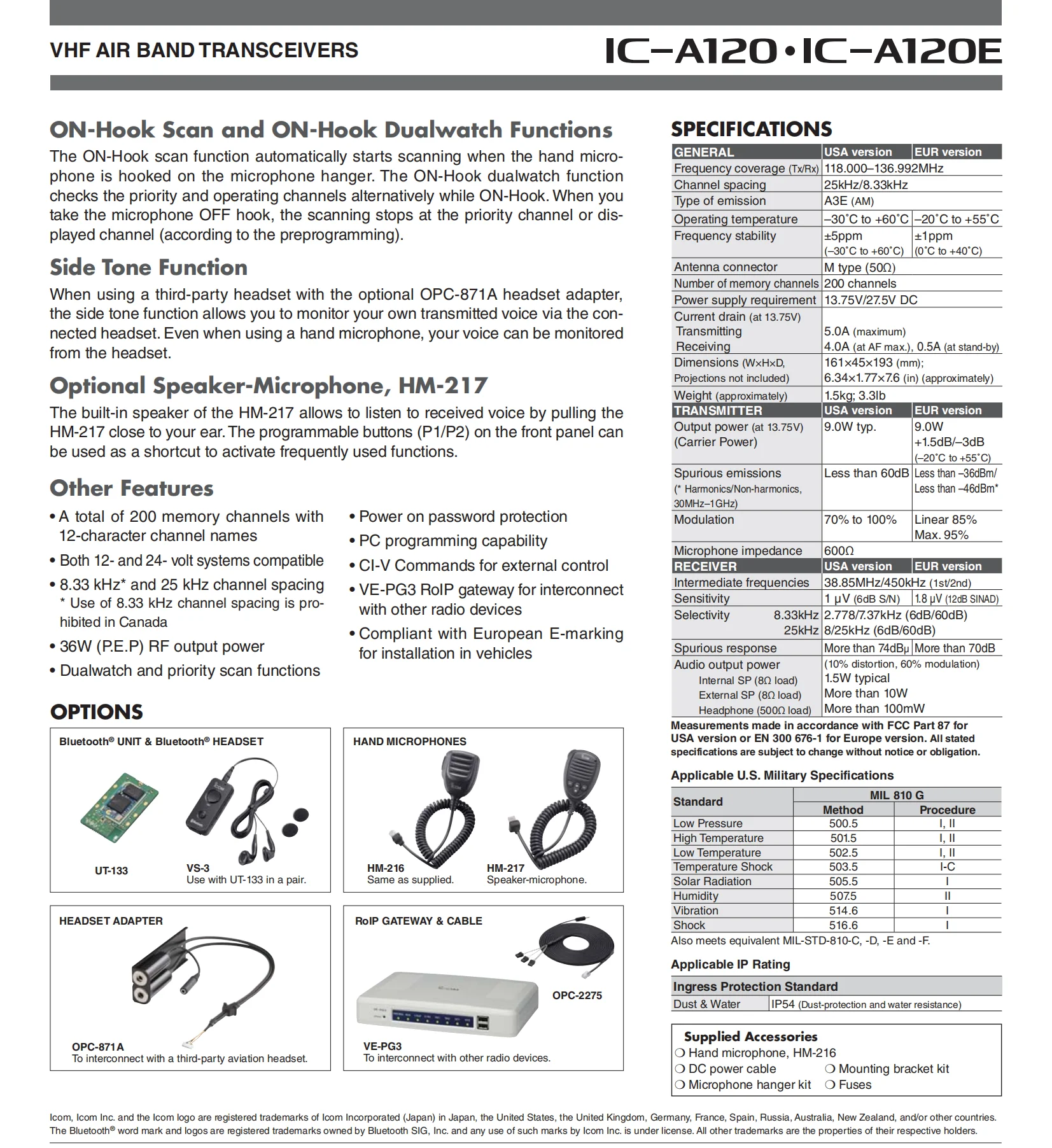 Icom IC A120 A120E VHF AIR BAND Long Range Walkie Talkies TRANSCEIVER ...