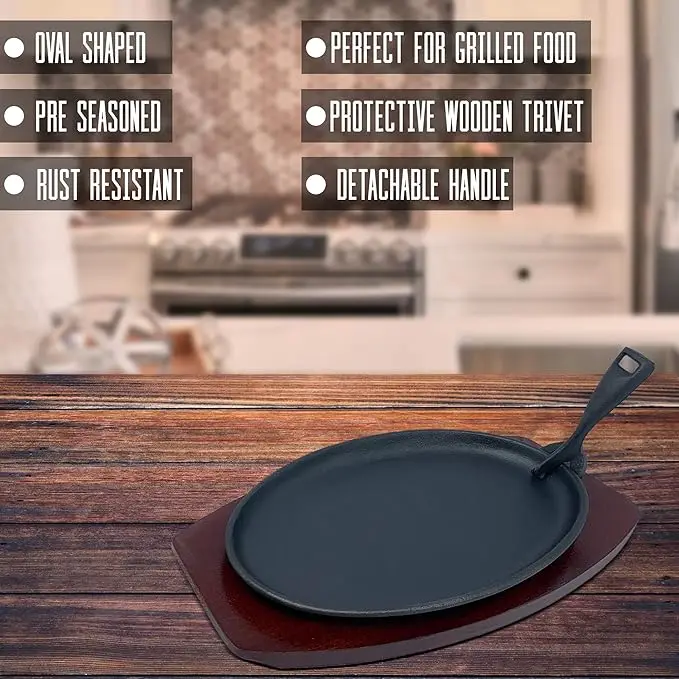 Round Oval Pre-seasoned Cast Iron Grill Sizzling Pan Bbq Cookware ...