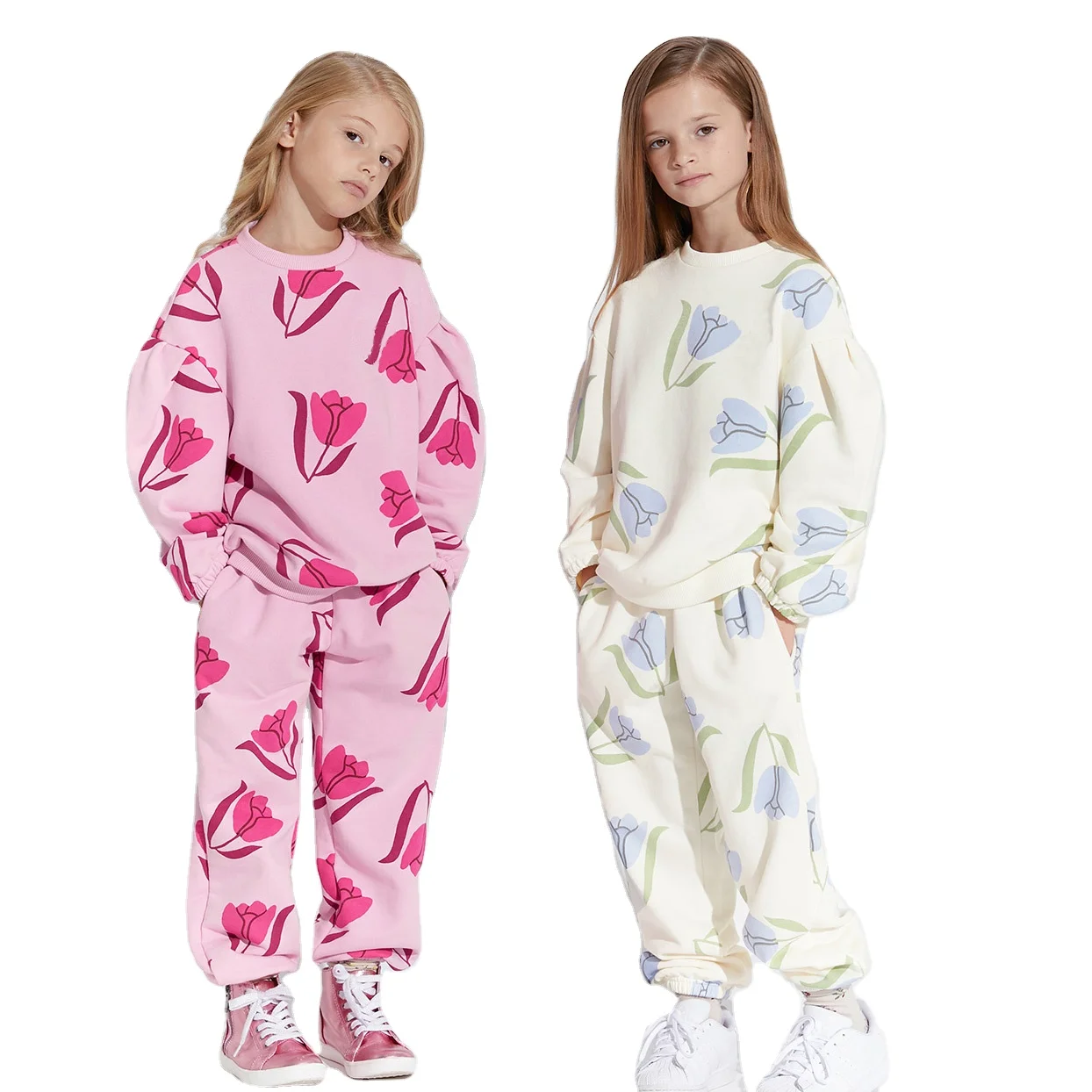 Custom Allover Print Terry Sweatshirt Two Piece Kids Jogger Sets Round ...