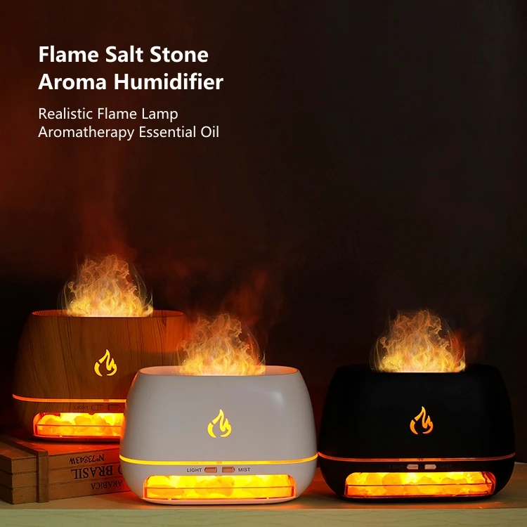 Wood Grain Himalayan Crystal Salt Stone Aroma Humidifiers 3D Flame Fire Aromatherapy Essential ...