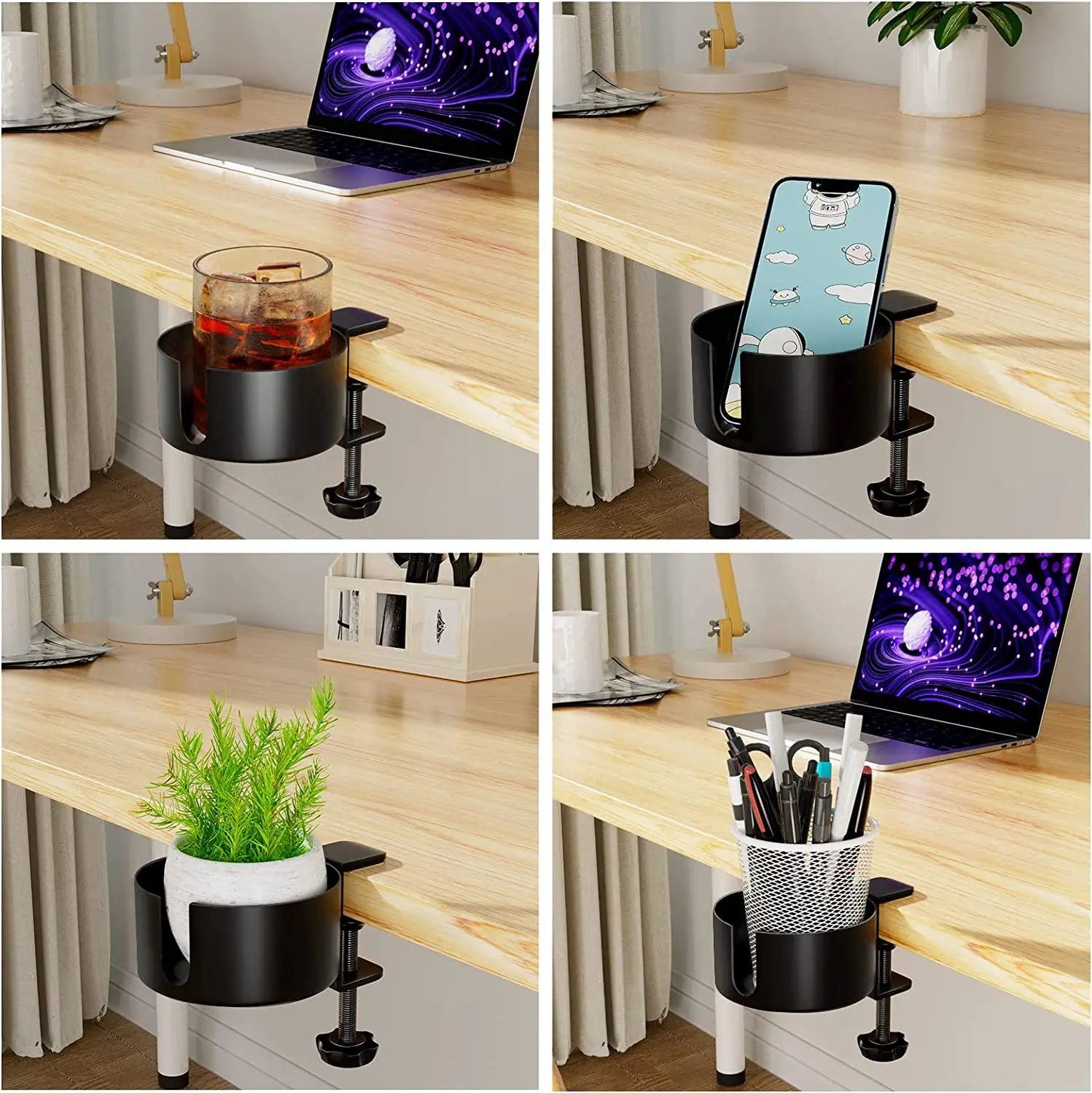 Multi-function Desk Cup Holder - Black Steel & Headphone Hanger