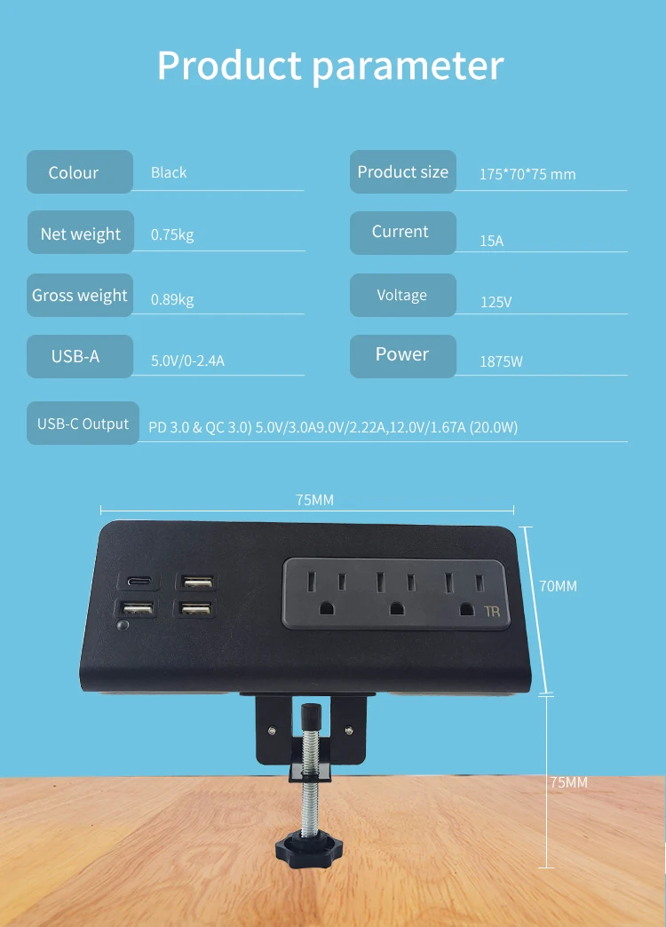 Office Desktop Us Power Out Easy Install Desk Edge Clamp Mount Power ...