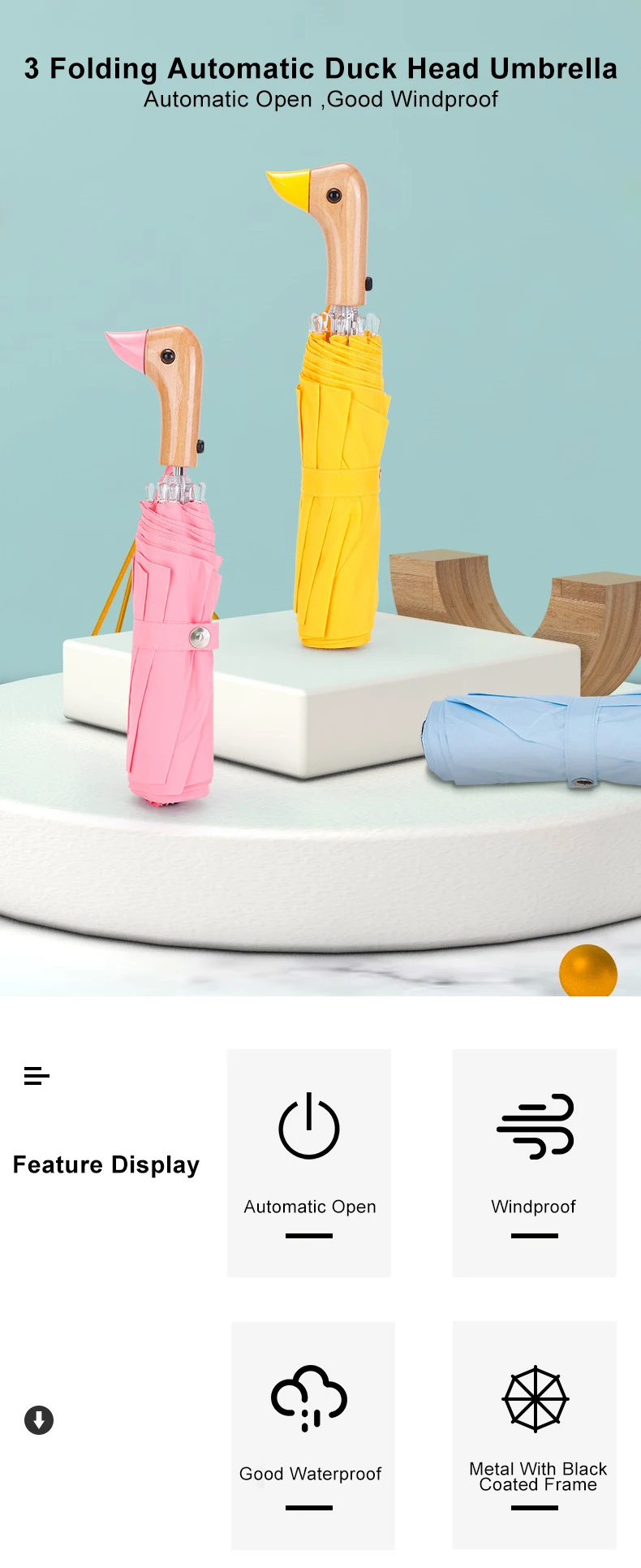 21 Inches Cute Duck Head Handle Design 3 Fold Umbrella Compact Light ...