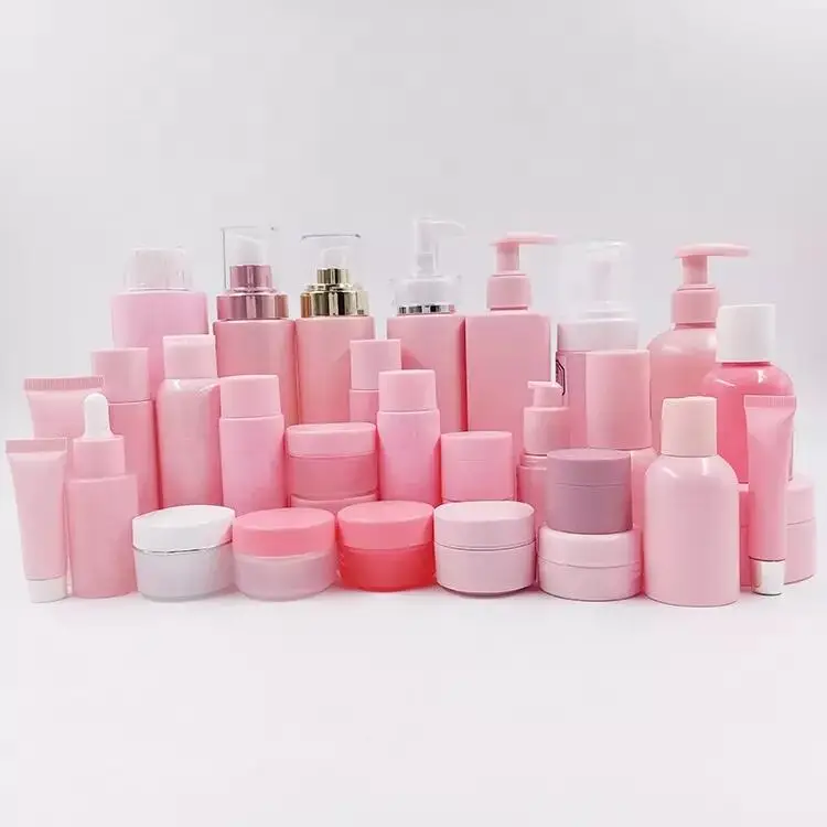 Empty Cosmetic Pink Plastic Skin Care Set Packaging Bottle