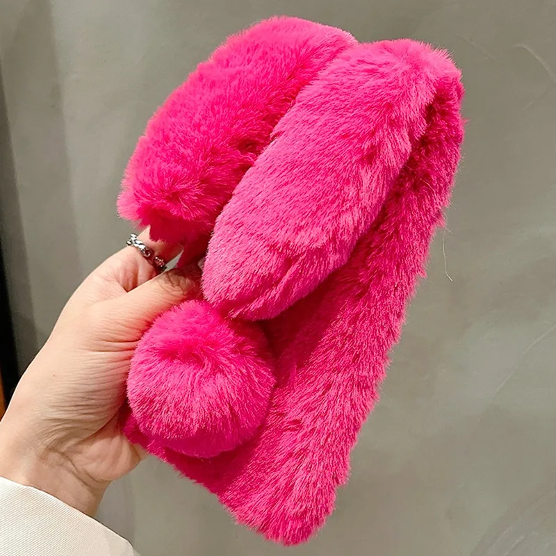 Cute Hairy Bunny Animals Plush Rabbit Fur Soft Cover Phone Case for ...