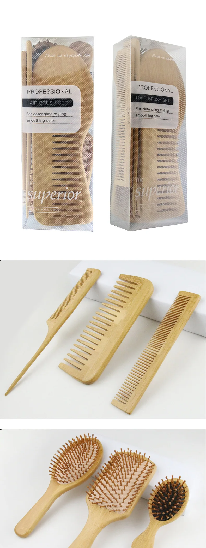 6-Piece Set of Smooth Bamboo Wooden Wide-Tooth Tail Combs Custom Logo ...