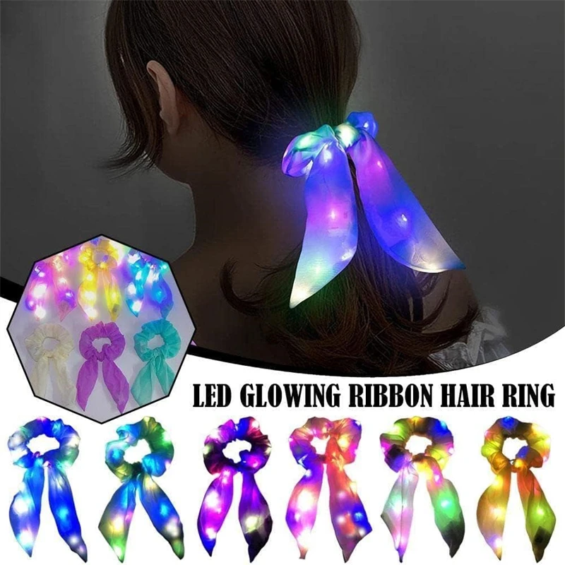 Women LED Luminous Flash Velvet Scrunchies Elastic Rubber Bands Solid ...