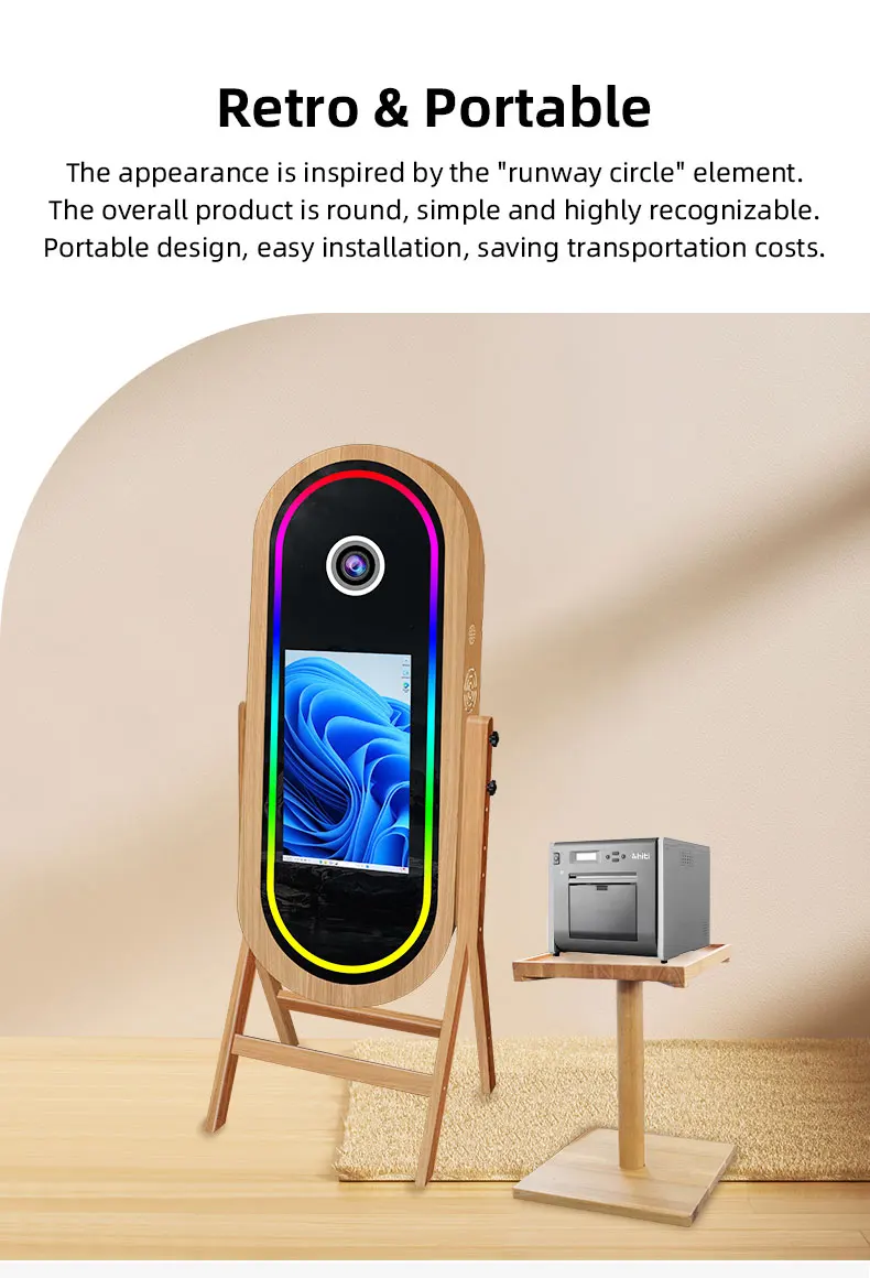 2025 Wooden Magic Mirror Photo Booth With 21.5 Inch Touch Screen Camera Printer Digital Oval ...