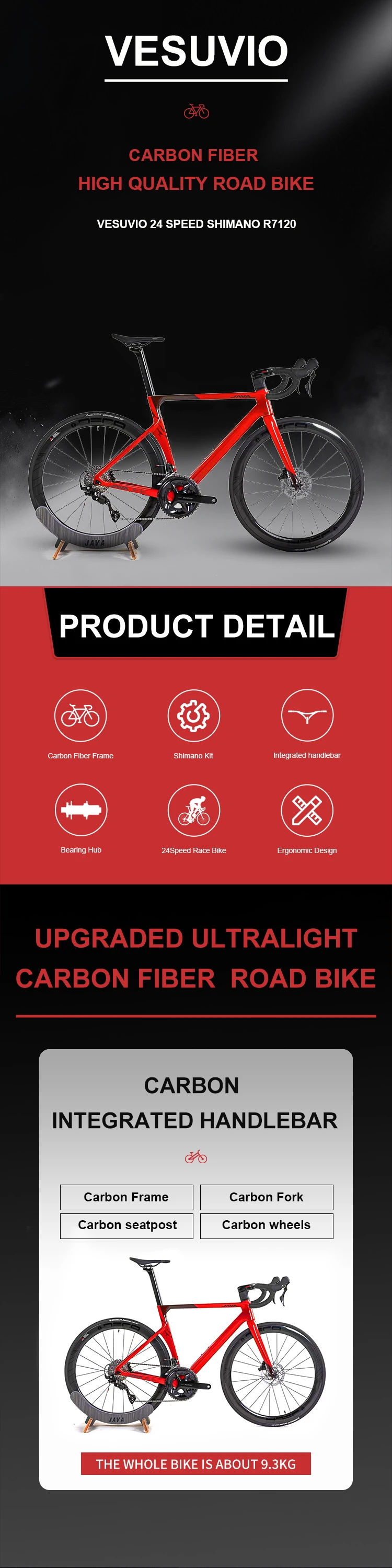 JAVA VESUVIO Full Carbon Fiber Road Bicycle - 24 Speed Racing Bike