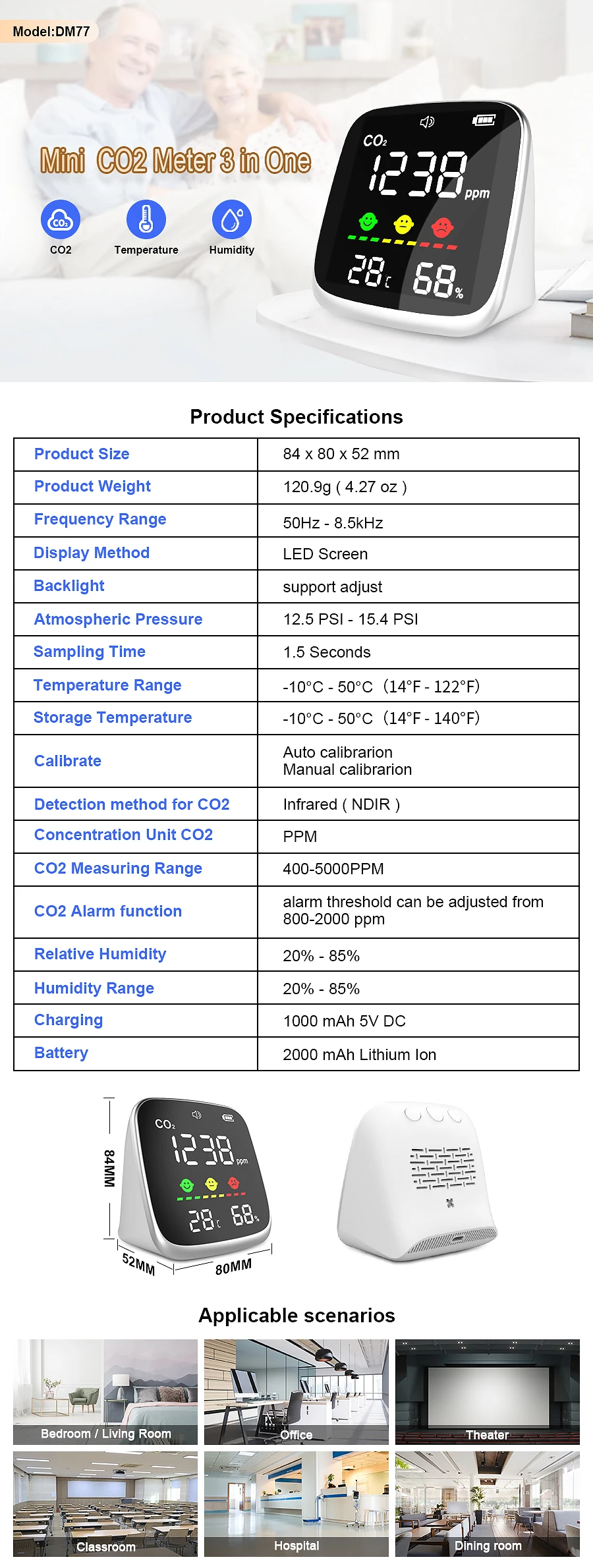 Office Mini Co2 Meter Led Digital Display Screen Ndir Sensor Home Gas ...