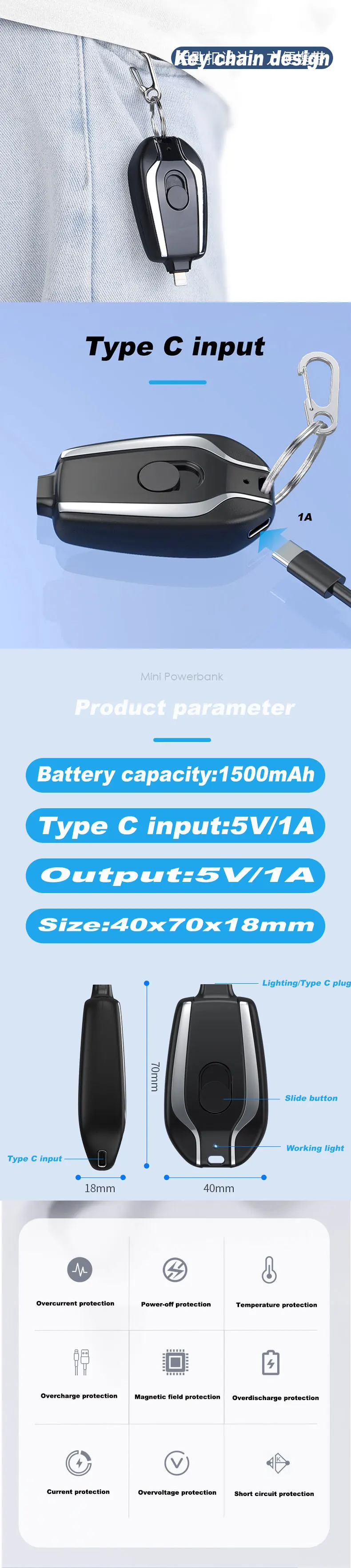 Portable Mini Keychain Power Banks Backup Charge Emergency 1500mah ...