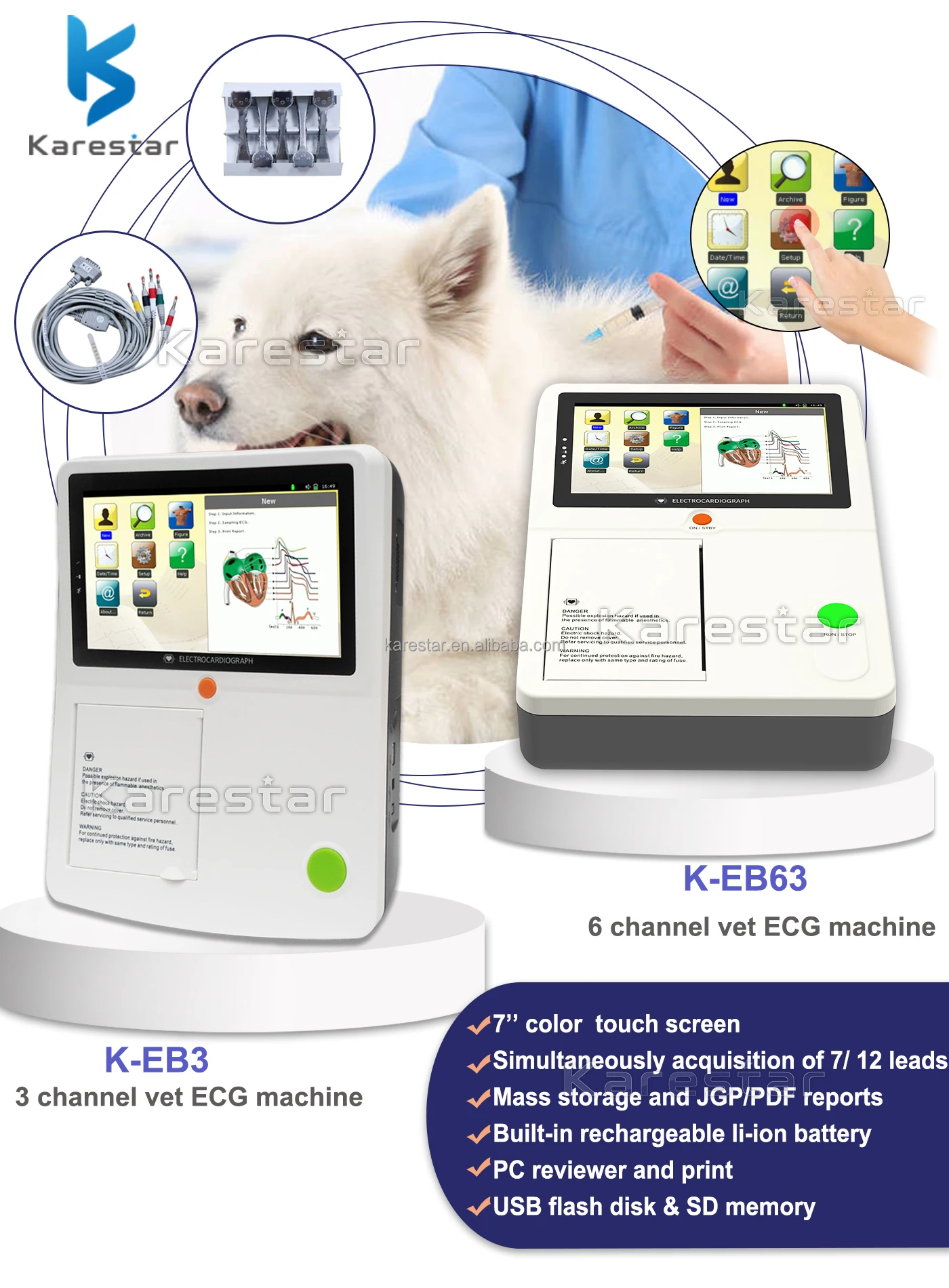 Low Cost Portable 6 Channel ECG Vet Use - Karestar K-EB63