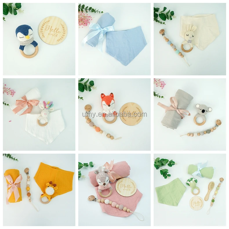 Crochet Toy Wooden Teether Animal Rattle Baby Wrap Swaddle Blanket Cot ...