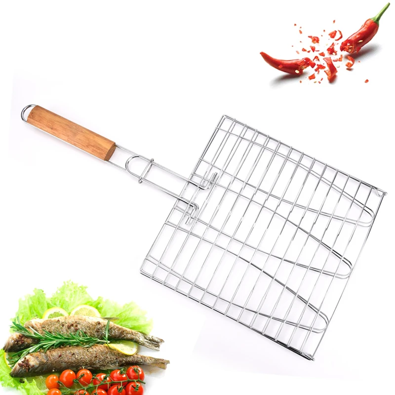 Customized Stainless Steel Triple Fish Grill Basket With Wood Handle ...