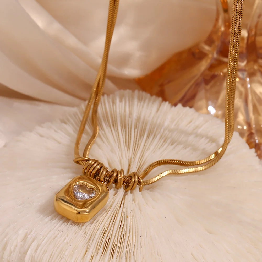 Double Layer Snake Chain Necklace with Heart Zircon Charm