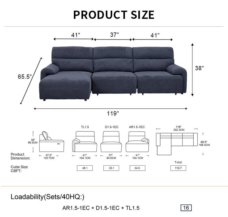 CHEERS Blue Fabric Power Slide Chaise Sofa Bed for Living Room