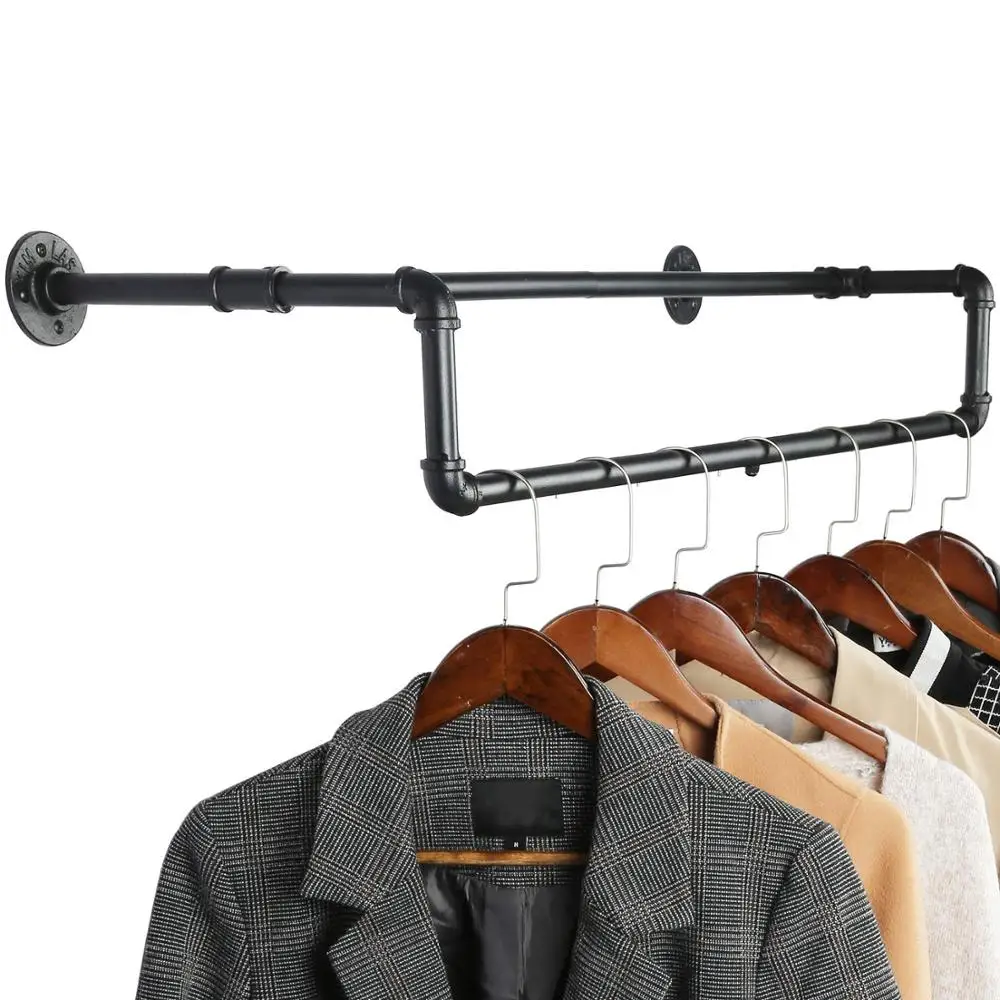Industrial Pipe Double Rail Garment Rack Wall Mounted Clothes Rod for ...