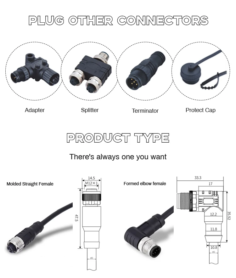 Push Pull Self Lock M12 A Code 5 Pin Right Angle Sensor Connector Plug ...