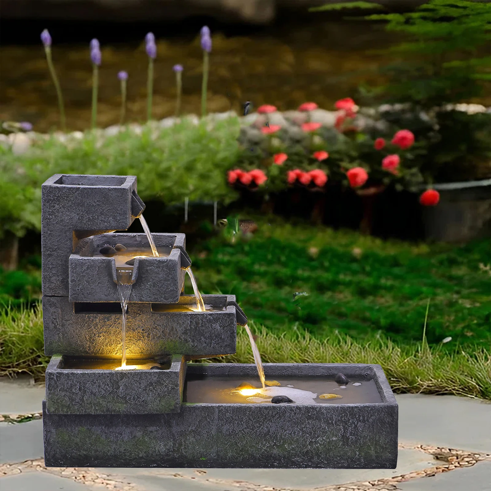 3-Tier Outdoor Floor Standing Waterfall Water Features Cascading ...