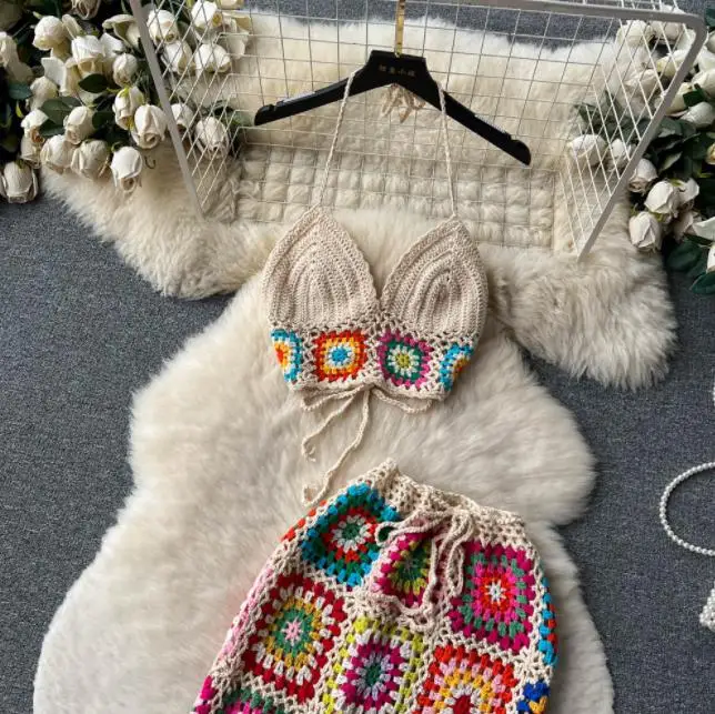 Knitting Suit Women's Summer Wear 2023 New Crocheted Sling Top Wide Leg ...