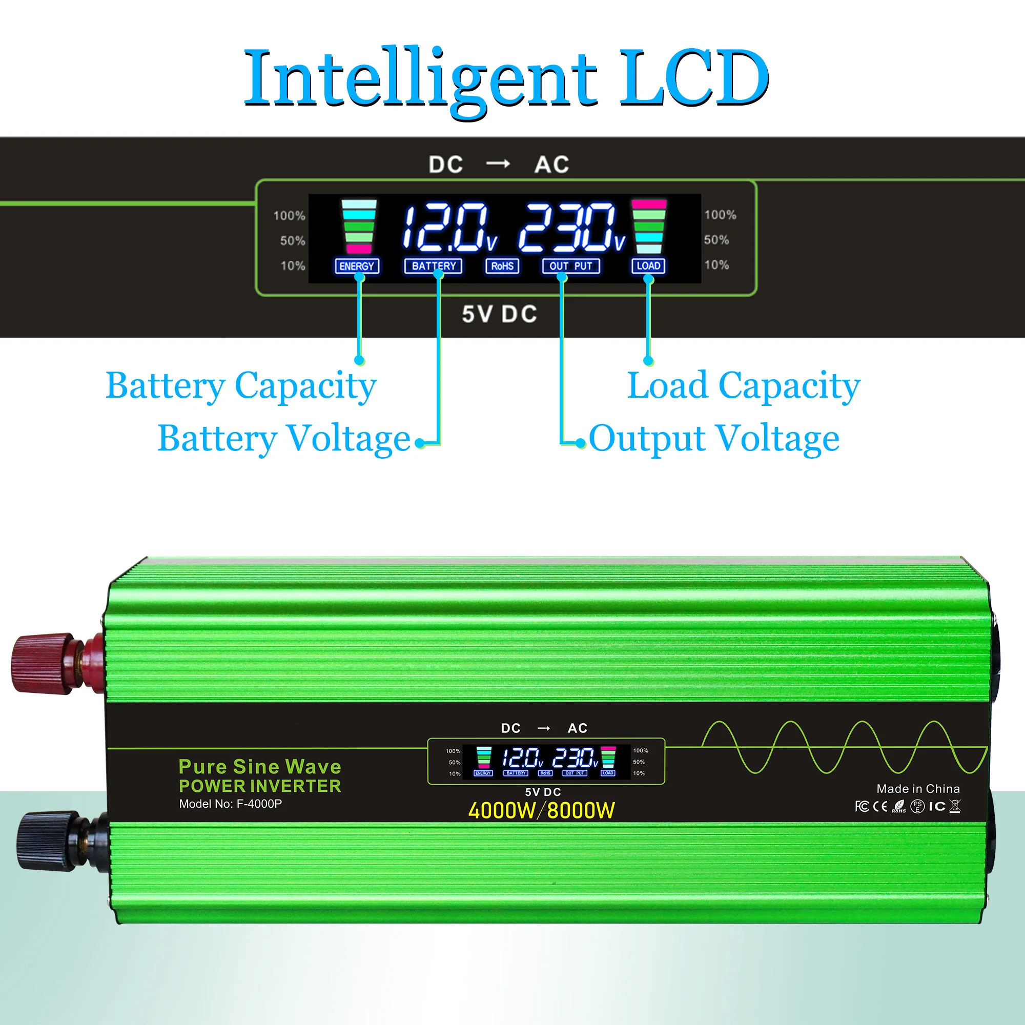 ROHS CE Home Appliance 12V DC to AC 220V 230V Pure Sine Wave 4000W ...