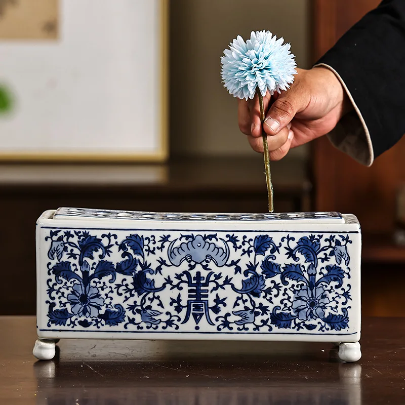 Special Blue and White Rectangular Vase - Ceramic Tulip Vase with Holes