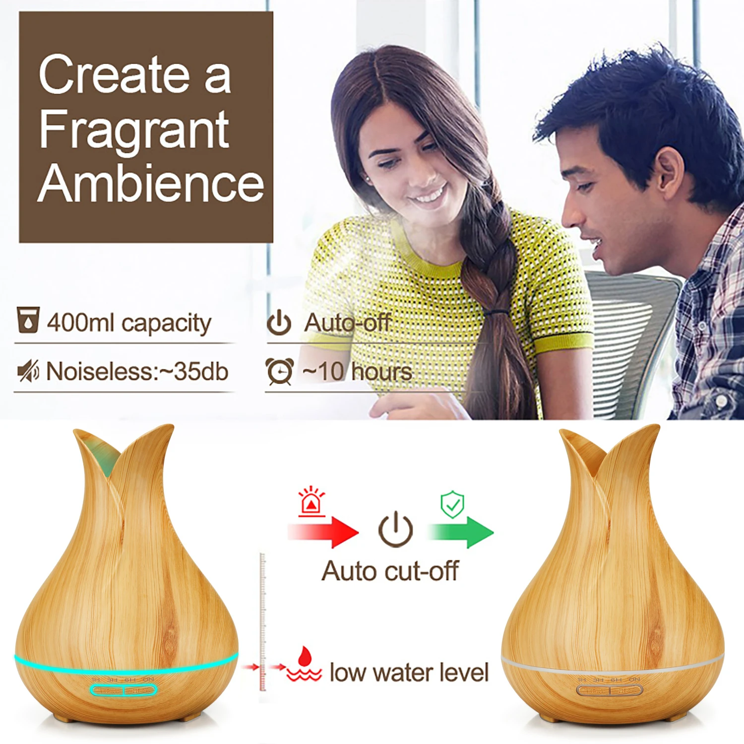 400ml Classic Vase Wood Grain Electric Aroma Diffuser Essential Oil ...