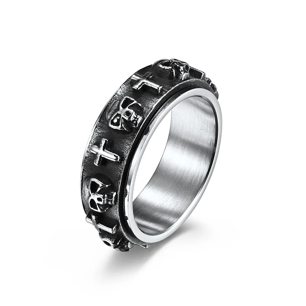 Skull Cross Fidget Ring Rotating Decompression Stainless Steel Jewelry ...