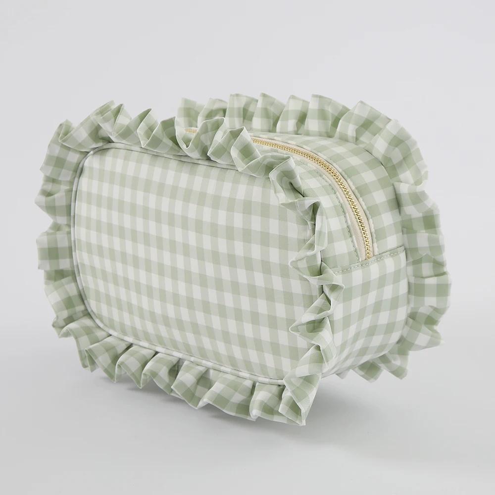 Stock Cute Portable Gingham Ruffle Cosmetic Bags for Women