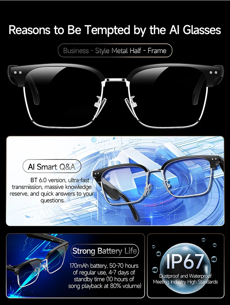 Ai Translation Smart Glasses With Ip67 Waterproof & Touch Control
