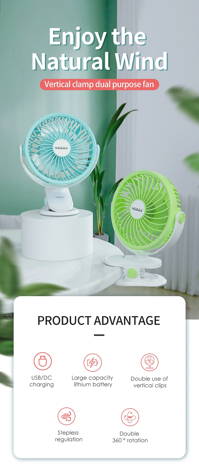Portable USB Mini Rechargeable Table Fan - Clip-On Design, Three Wind ...