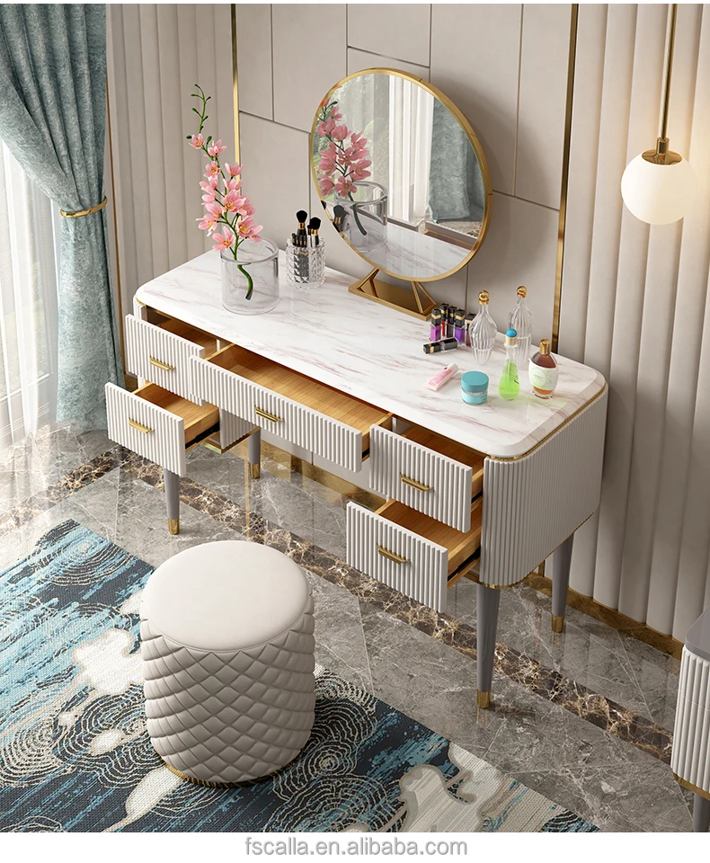 Luxury Modern Marble Top Dresser Table With Round Mirror And Chair For ...