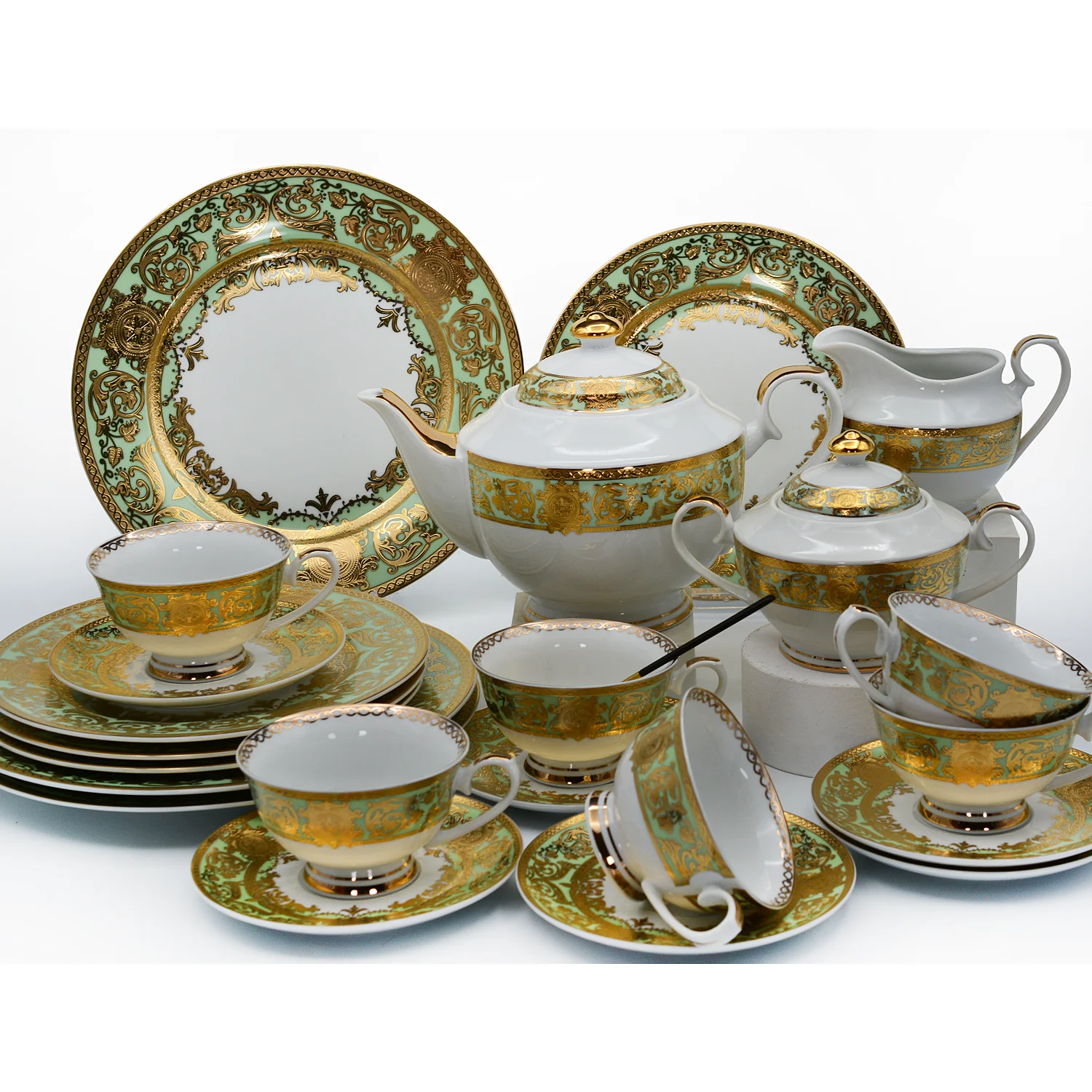 98 Pcs Home Decoration Festival Party Use 24k Embossed Gold Decoration Bone China Dinnerware ...